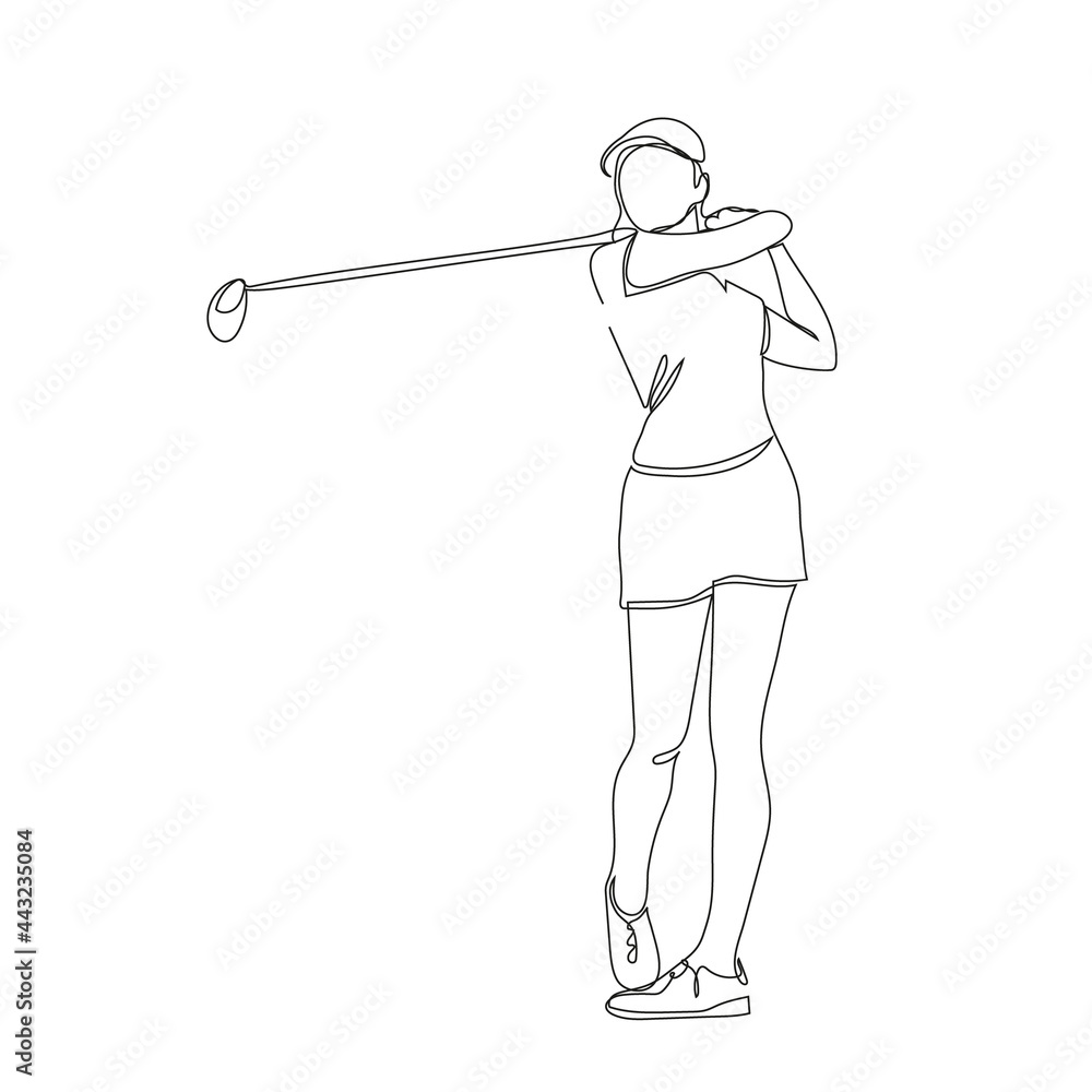One single line drawing of young sporty golf player hit the ball using ...