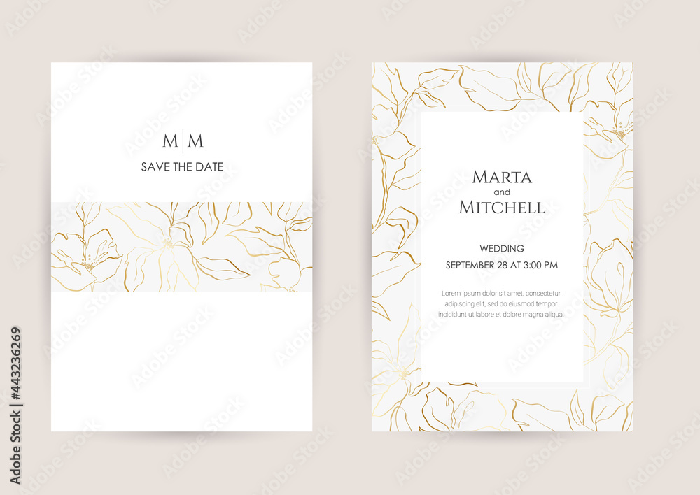 Minimalist wedding invitation card template design, golden line art ...