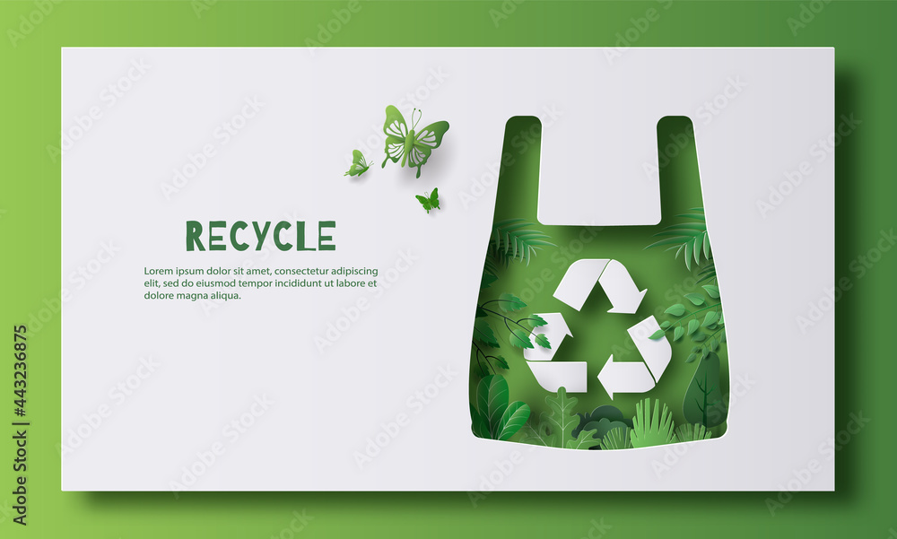Recycle banner design, a plastic bag with recycle sign and many plants ...
