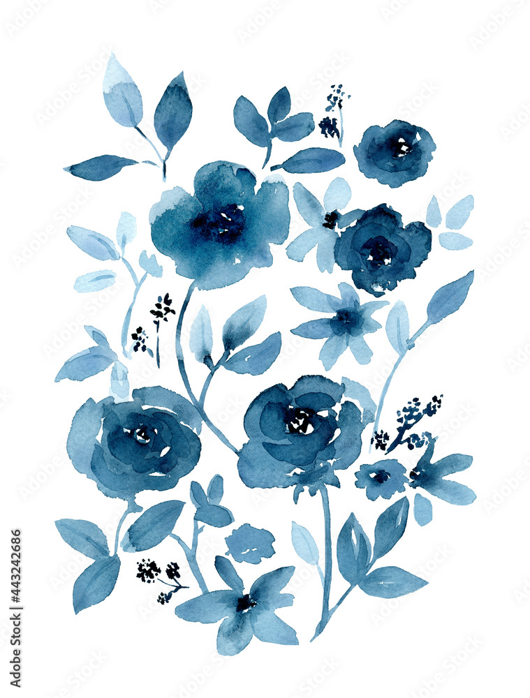 Abstract Blue and White Flower Watercolor Painting Hand Drawn and ...