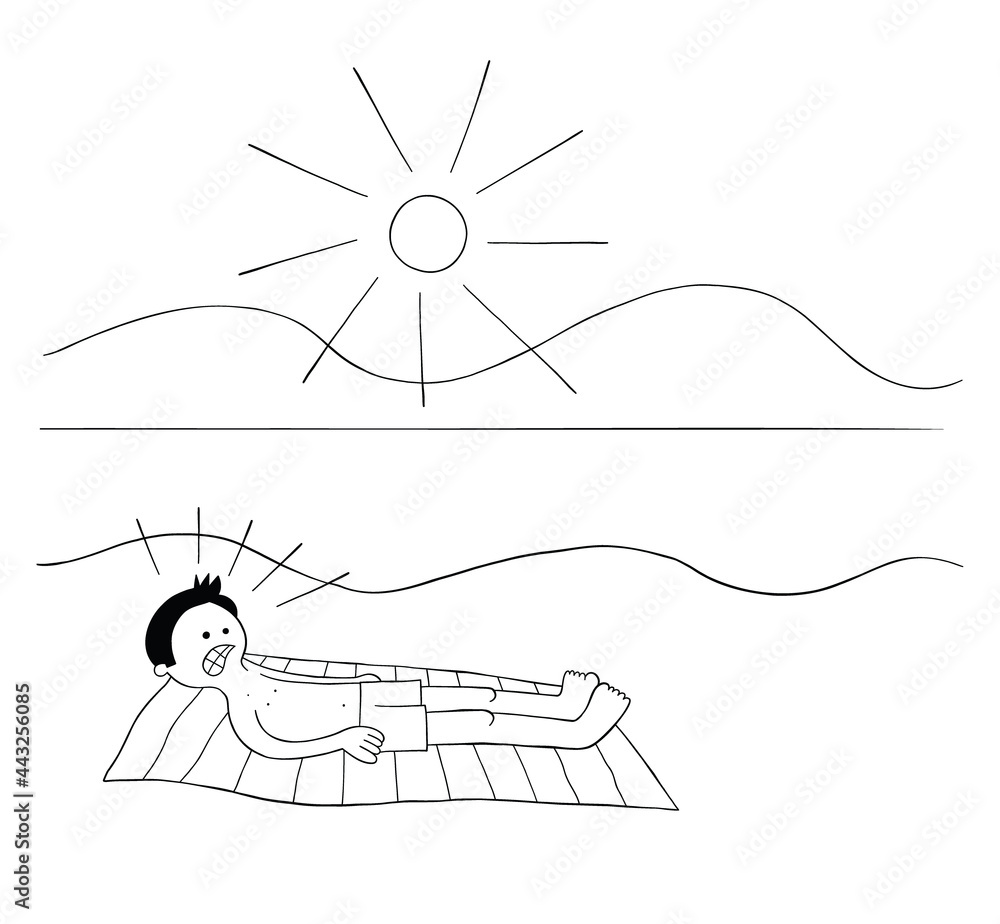 Cartoon man sunbathing on the beach for hours and when he wakes up his ...
