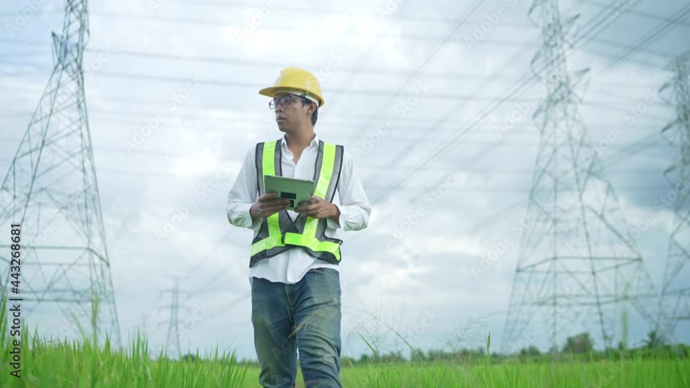Font View.Electrical engineer wearing a Yellow helmet and safety ...