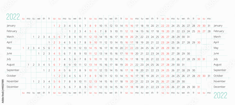 2022 Calendar in English on white. Linear calendar of 2022 year. 12 ...