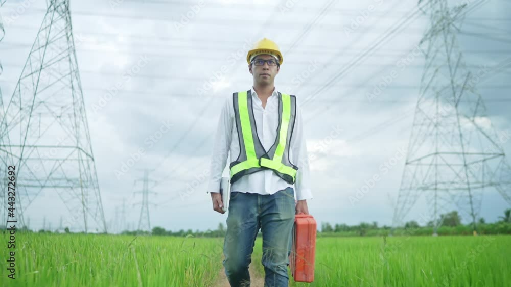 Font View.Electrical engineer wearing a Yellow helmet and safety ...