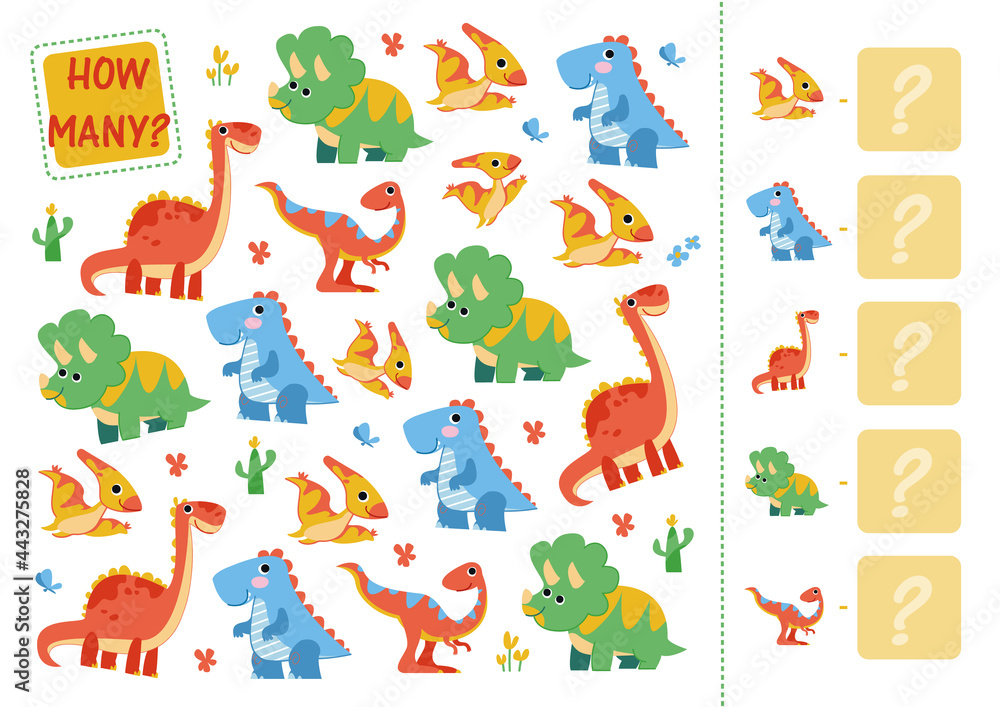 Count how many dinosaurs. Mini math how many game for preschoolers and ...