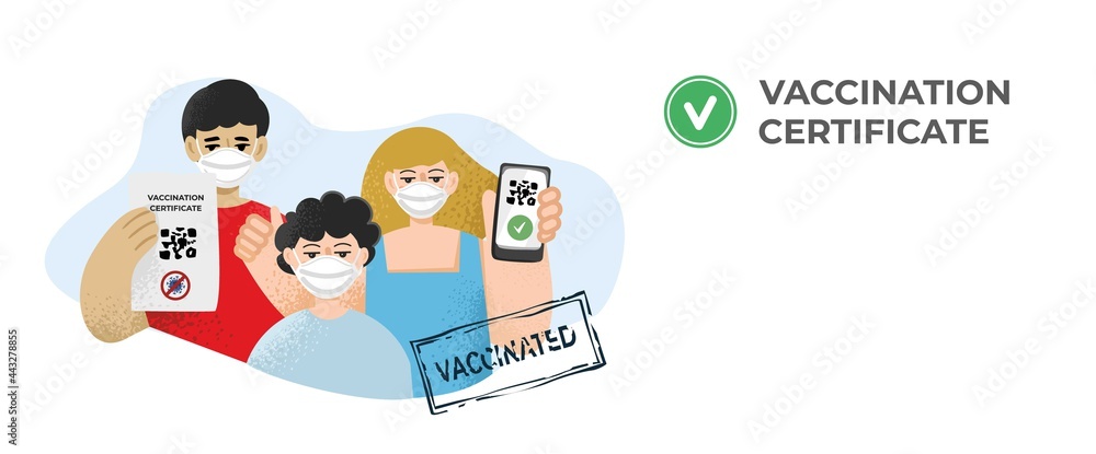 Family in medical masks with QR codes on the phone monitor. Banner ...