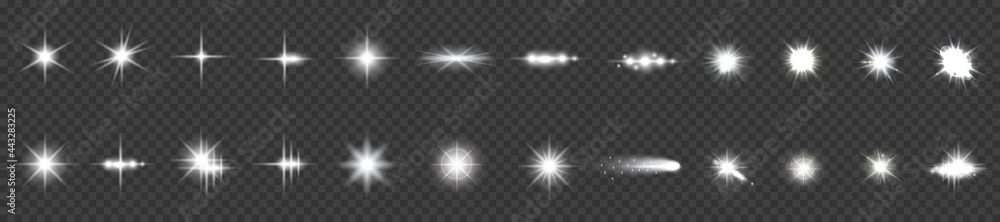 Set of bright beautiful stars. Optical lens glowing flashlight effect. Light effect, bright star ...