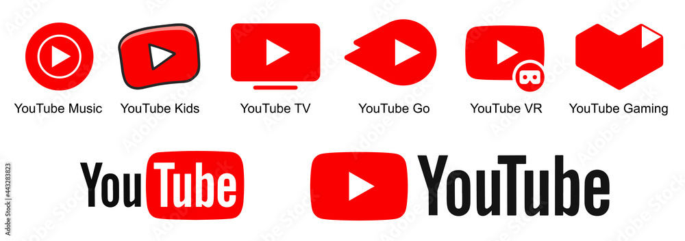 Kiev, Ukraine - July 04, 2021: Set Official logotypes of Youtube apps ...