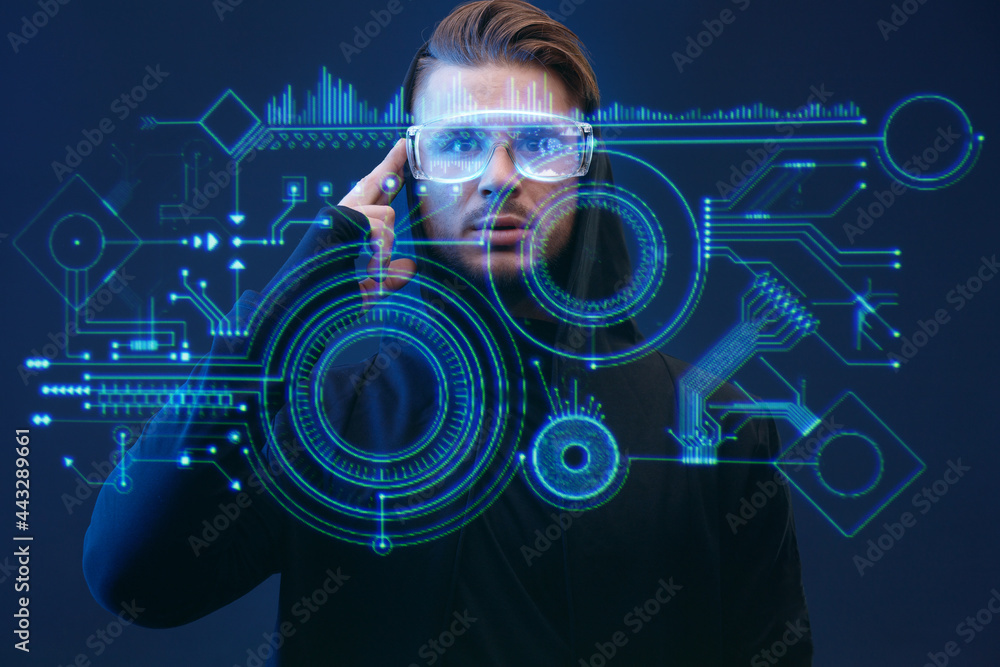 Man with futuristic tablet in hand. Guy using VR glasses. Augmented ...