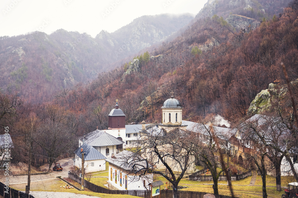 Monastery Stanisoara tails of the monastery, Olt River in the Olt ...