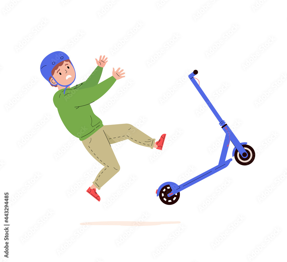 Child falling down from kick scooter. Little boy in a helmet falls to ...