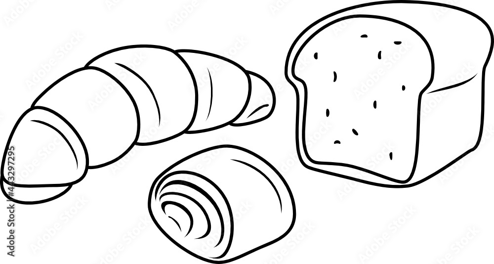 Croissant, bun and bread isolated on white. Outline drawing for grocery ...