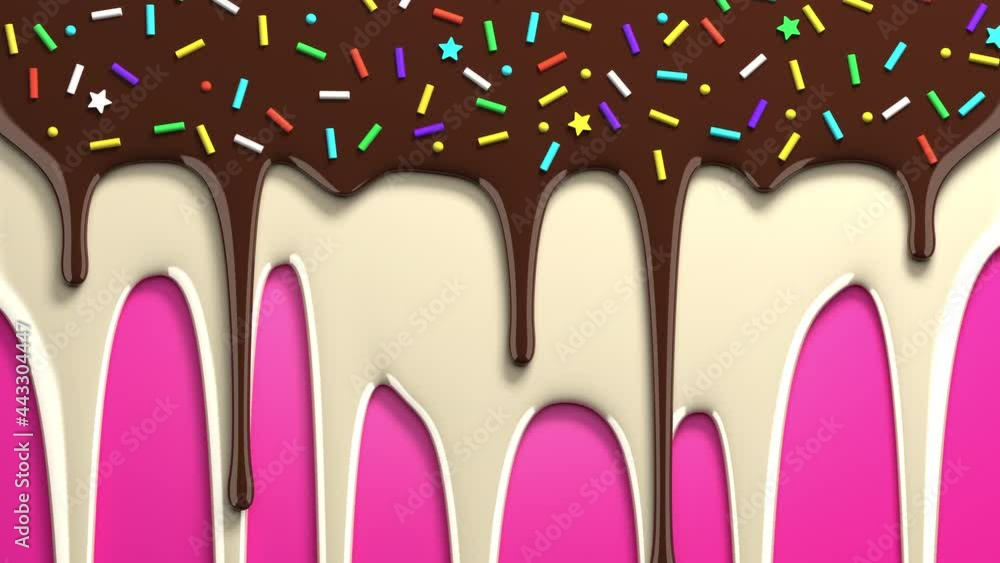 Chocolate with colored confectionery sprinkles and milk drips on pink ...