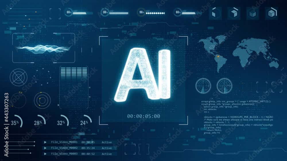 Motion graphic of Blue digital 3D AI logo with head up display ( HUD ...