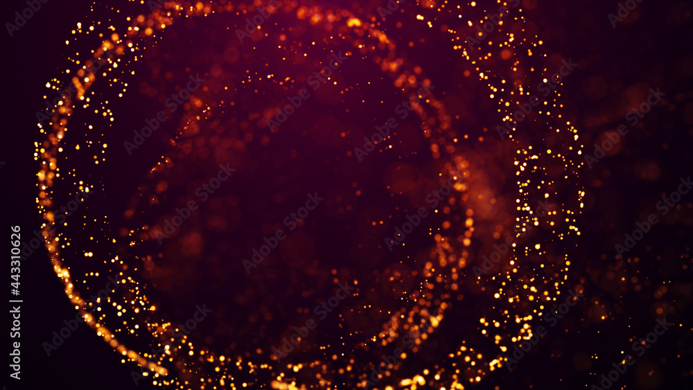 Golden red glow particles flicker and float in viscous liquid with ...