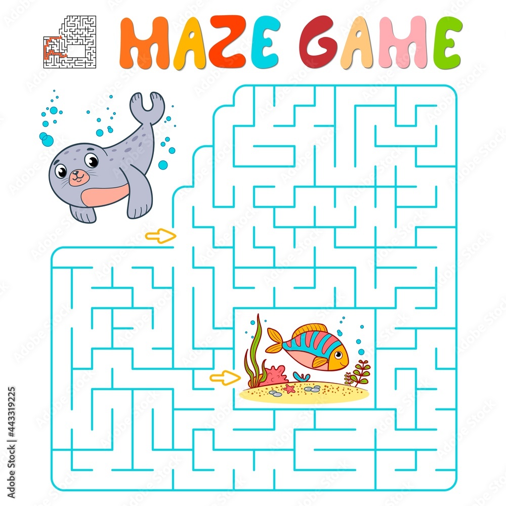 Maze puzzle game for children. Maze or labyrinth game with seal. Stock ...