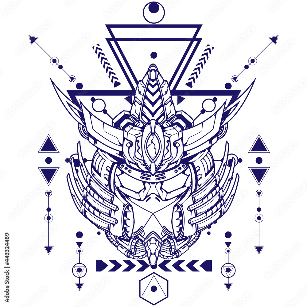 Mecha Samurai Illustration wit sacred geometry white background can use ...