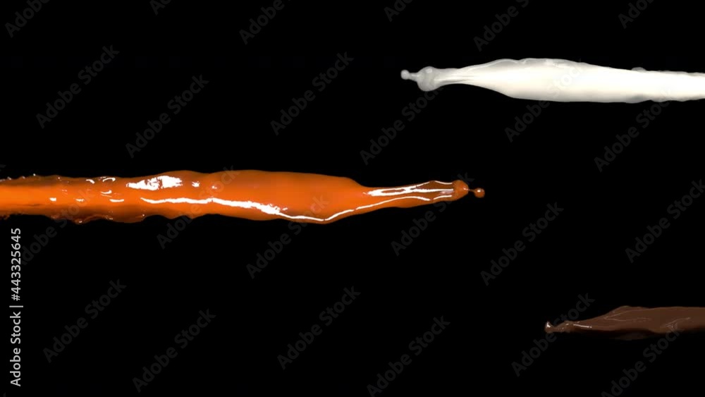 Milk, caramel and chocolate flows on black background. 3D animation of ...