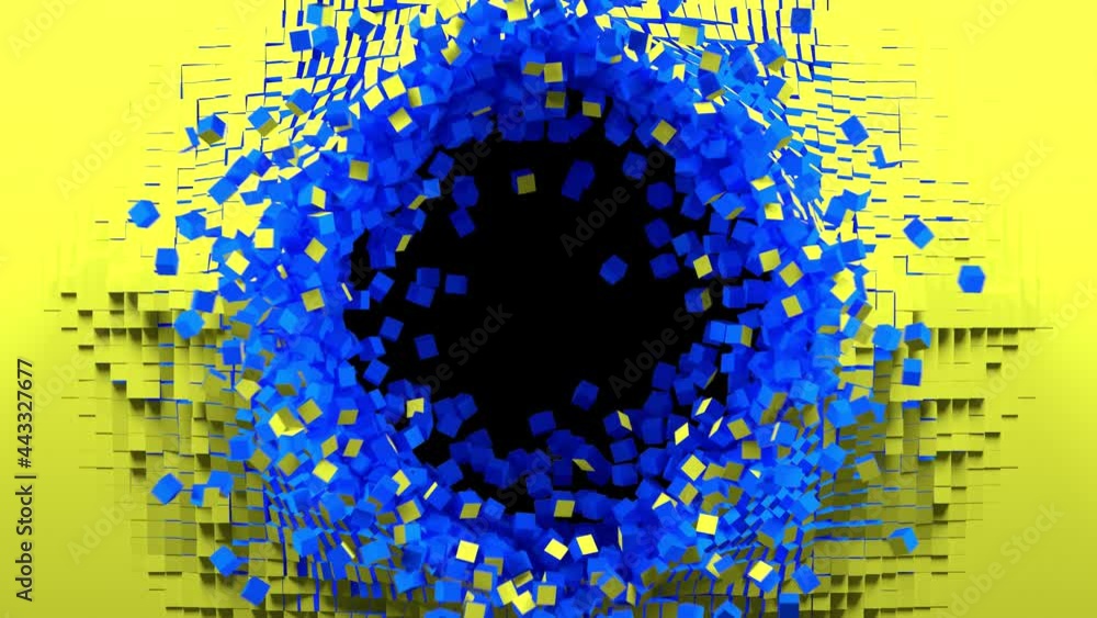 Blue cubes move out from the center of yellow screen, a hole formed and ...