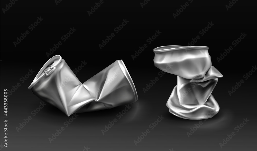 Crumpled tin can, crushed metal bottles with open key. Crumple trash ...