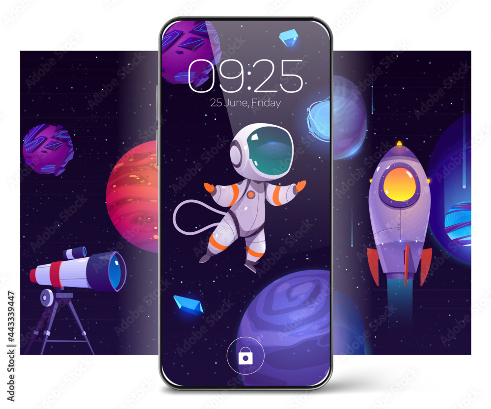 Smartphone with screensaver wallpaper with astronaut in outer space ...