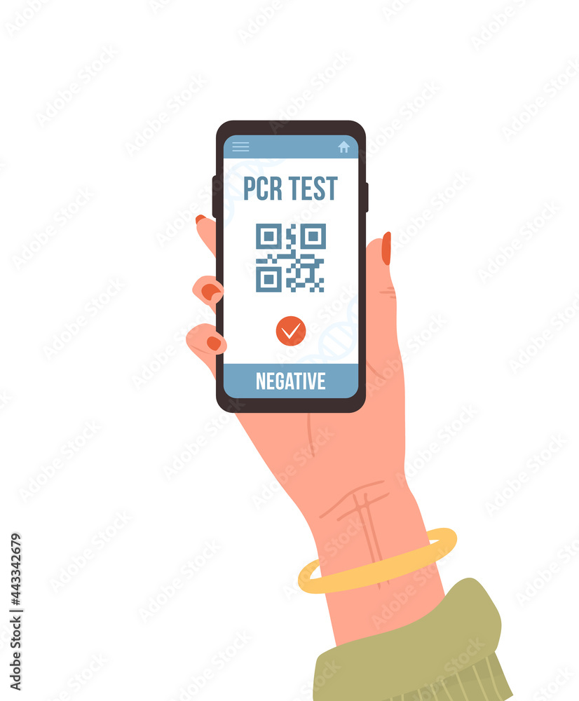 QR code with PCR test. Check of safety from covid-19. Female hand ...