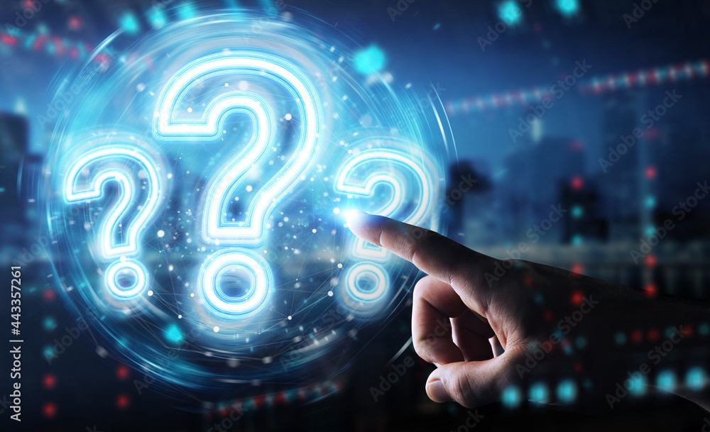 Man hand using digital question marks holographic interface 3D ...