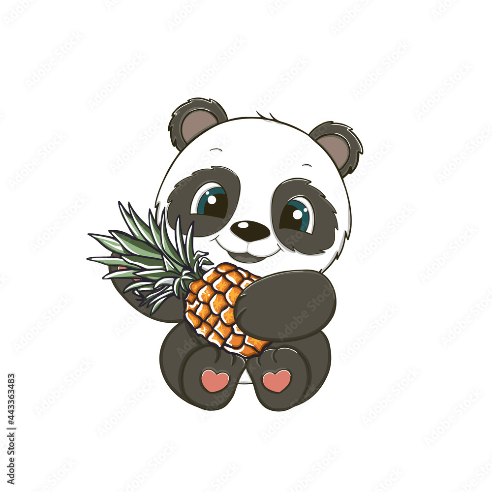Cute cartoon panda with pineapple. Vector illustration of animal on ...