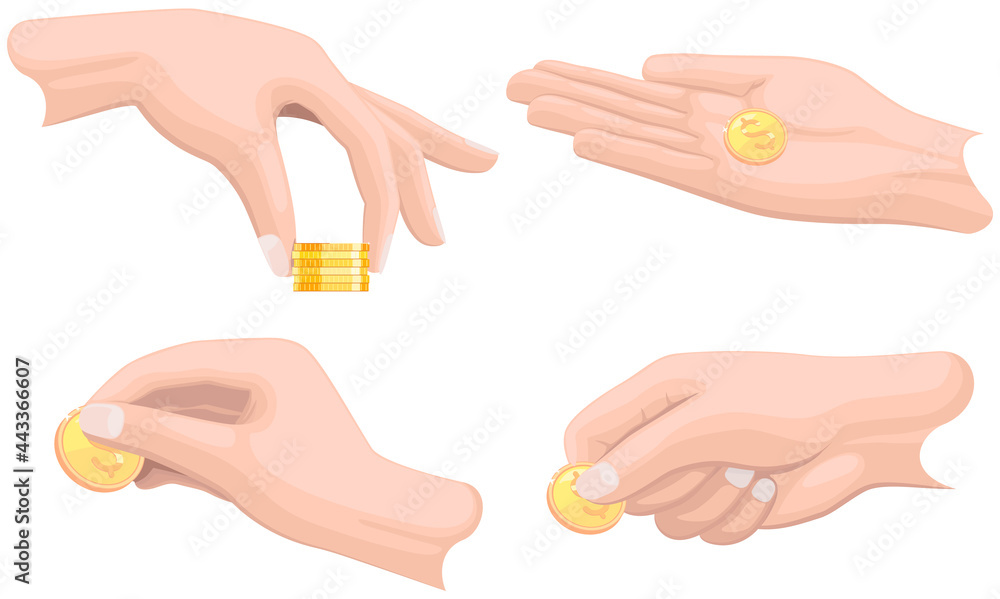 Set of hands with coins isolated on white background. Money donation ...