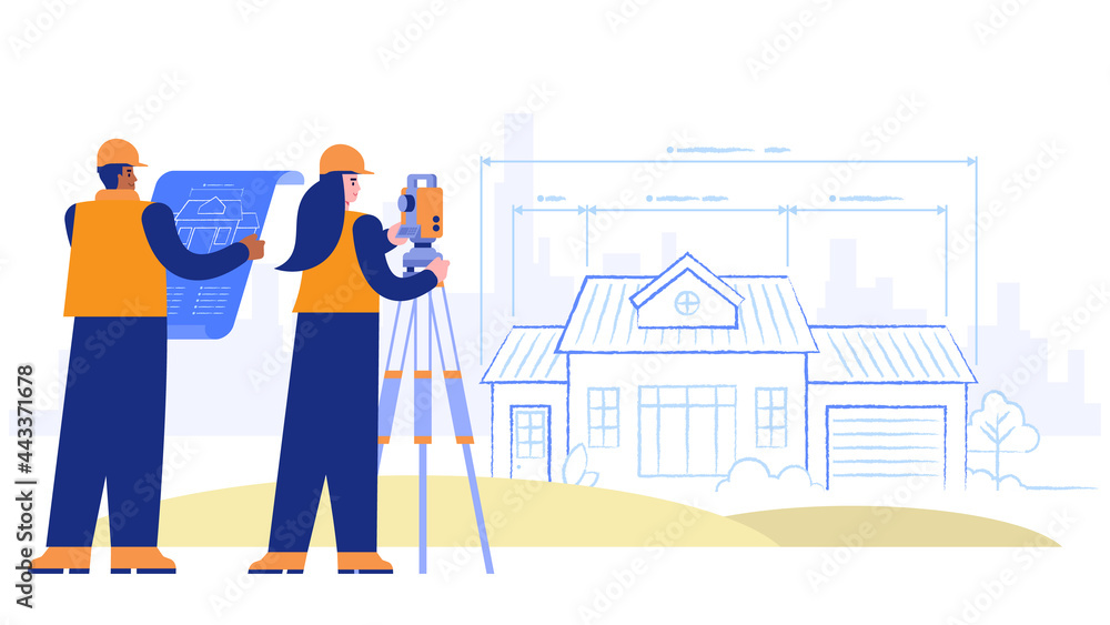 Construction site concept. Architect holds drawing, surveyor does ...
