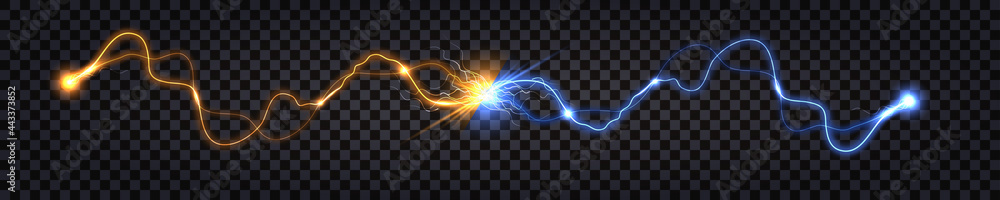 Electric discharge collision, blue vs yellow lightning thunder bolt ...