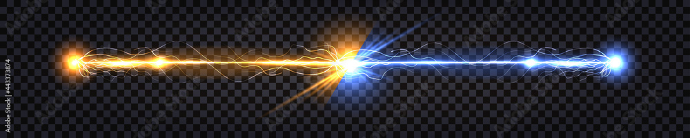 Electric discharge collision, blue vs yellow lightning thunder bolt ...