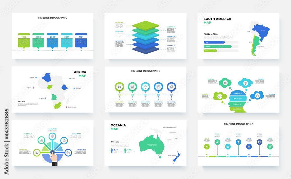 Fototapeta mapa świata dla dzieci Collection of infographic presentation slides with human head ...