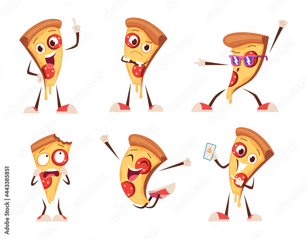 Pizza characters. Fast food products happy cartoon persons in action ...