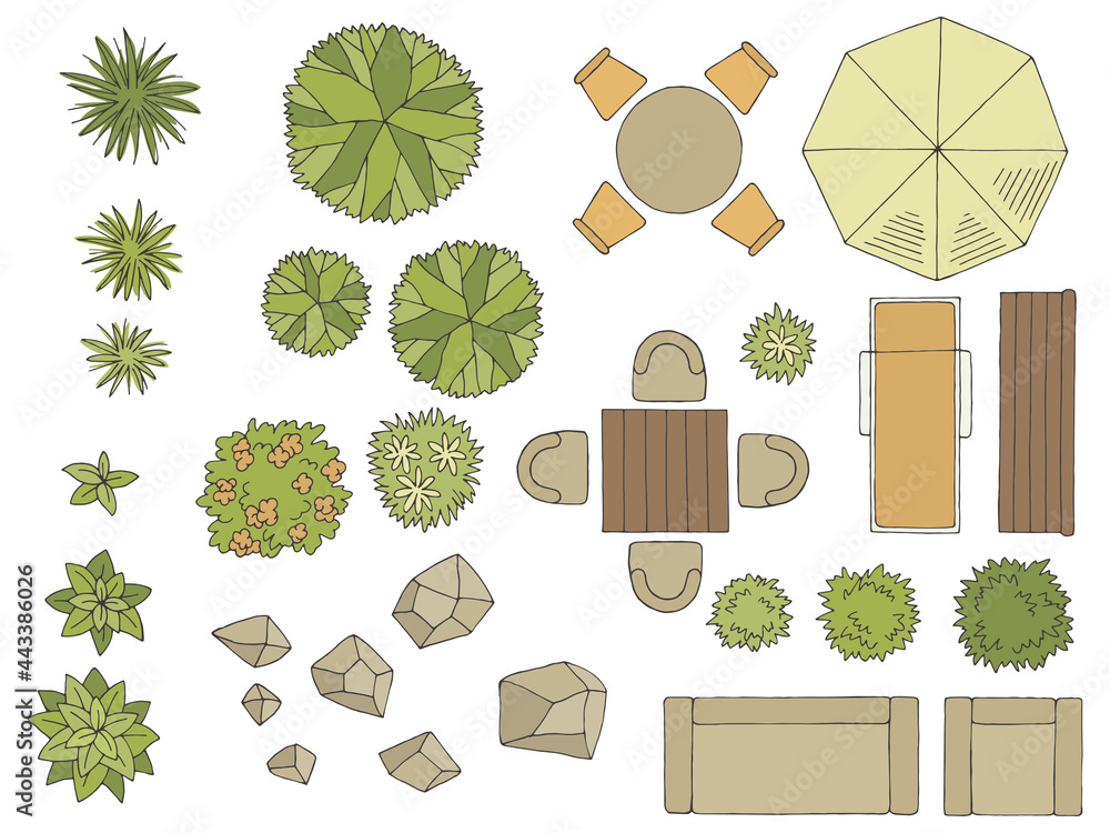 Landscape architect design element set graphic color top sketch aerial ...
