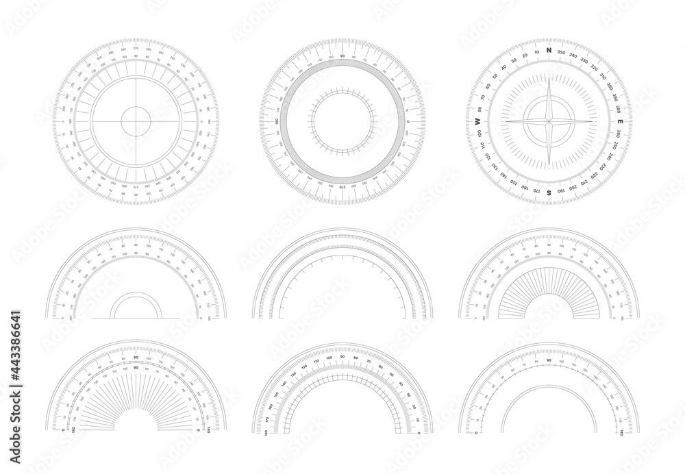 Protractor. 360 degree measurement shapes with numbers and symbols ...