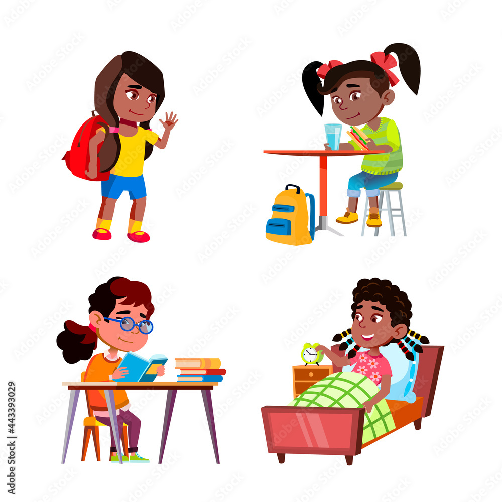 Kids Girls Daily Routine Activities Set Vector. Children Ladies Going ...