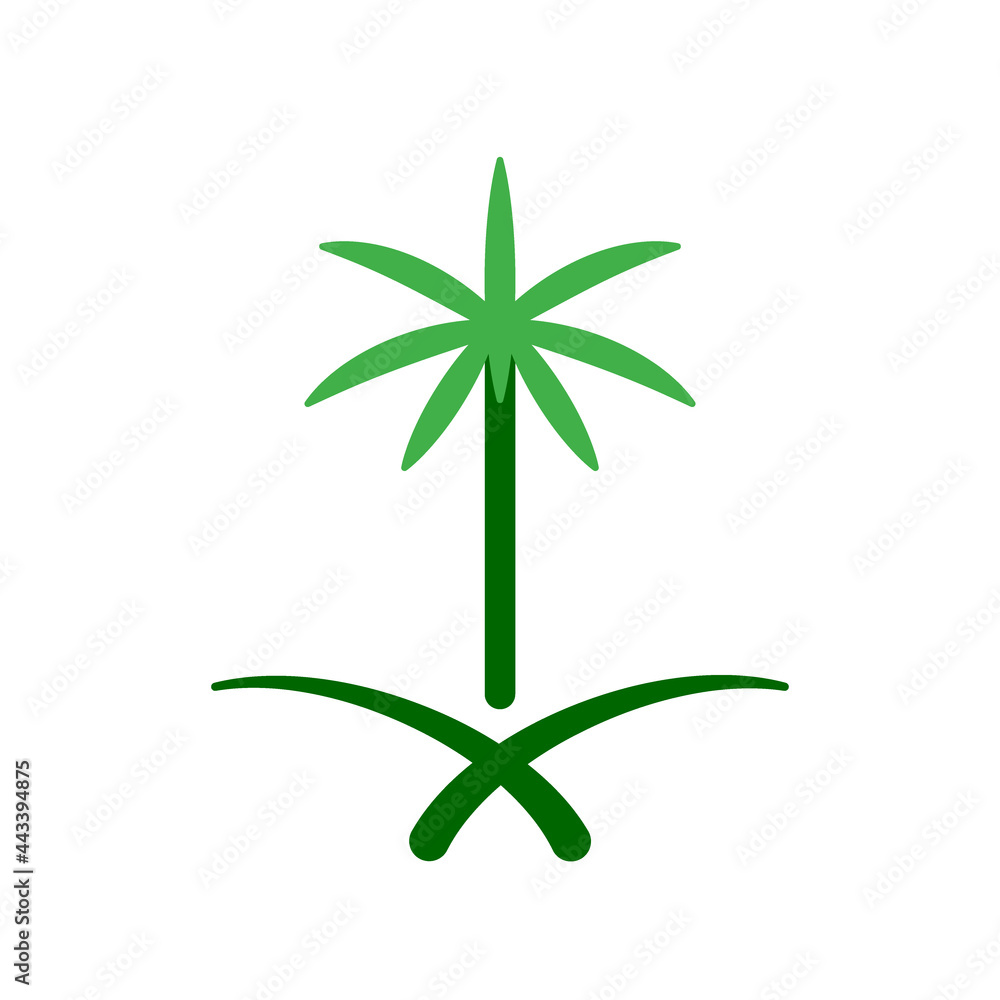 Palm and sword icon national emblem of Saudi Arabia. Green graphic sign ...