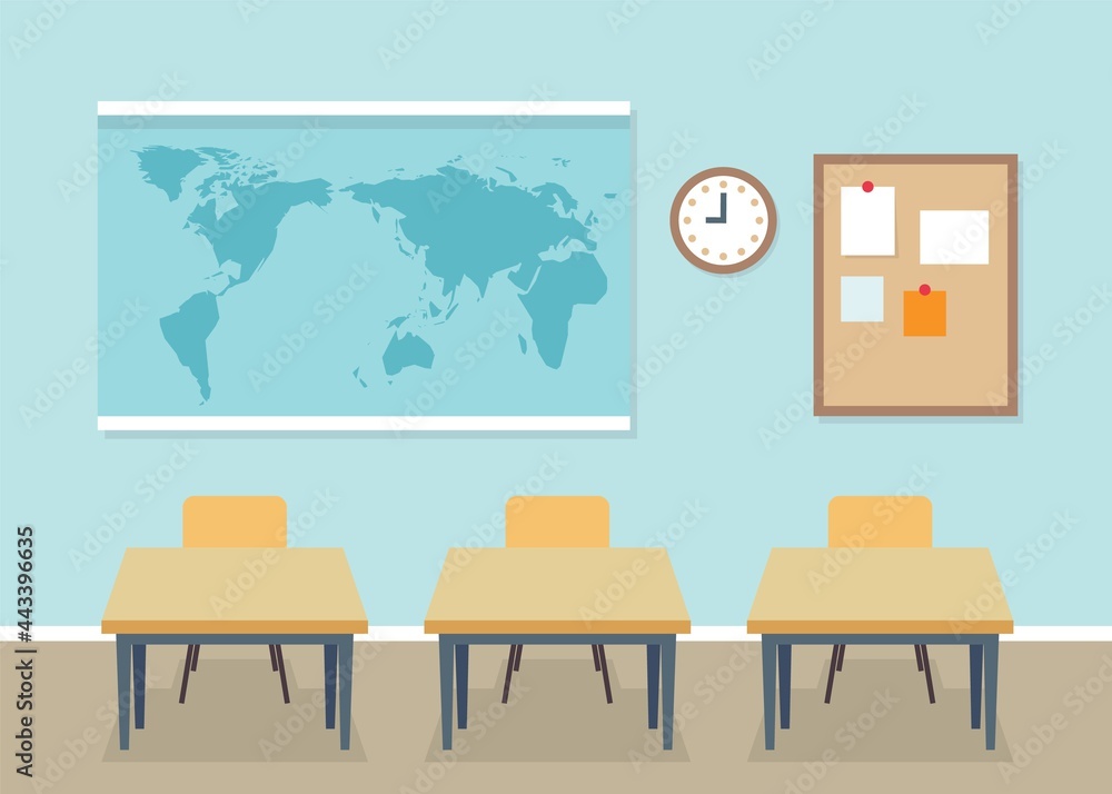 School classroom interior with desks, map behind, back to school ...