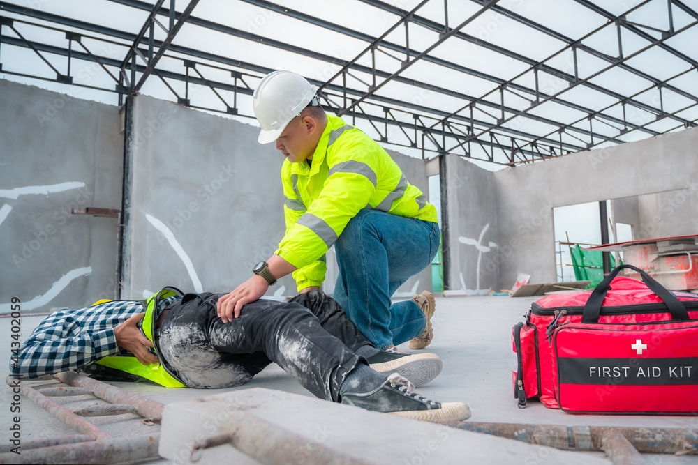 Accident at construction site. Physical injury at work of construction ...