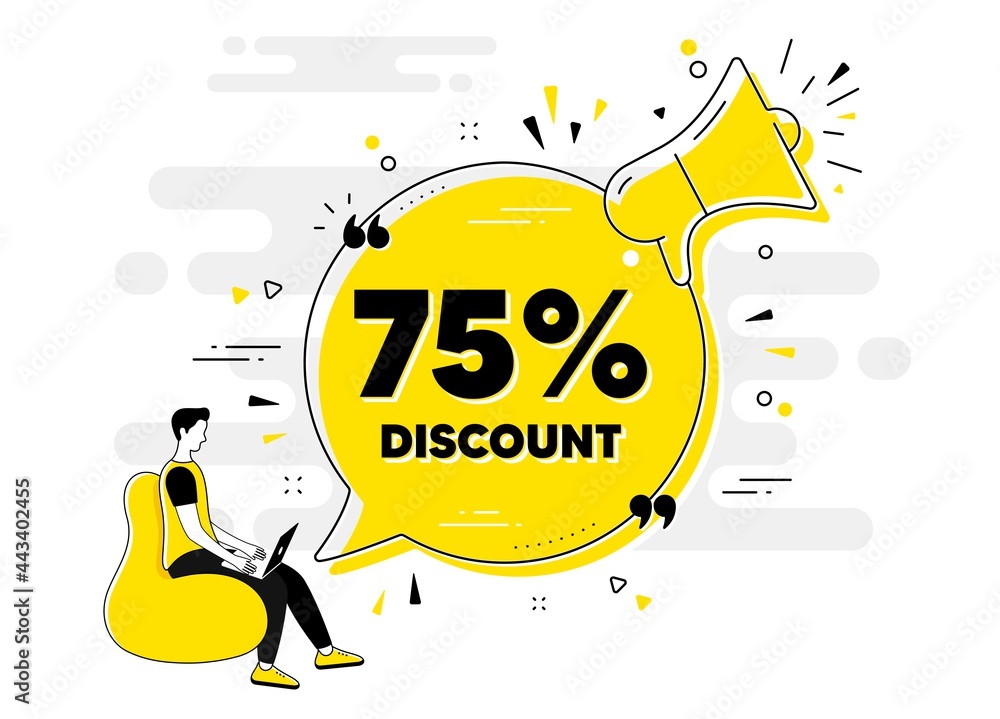 75 percent Discount. Alert megaphone chat banner with user. Sale offer ...