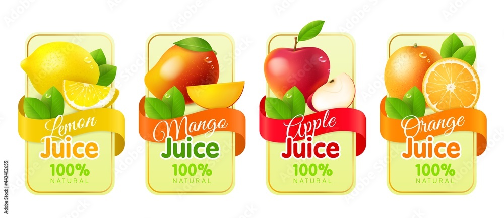 Realistic fruit labels. Packaging stickers with fresh realistic fruits citrus lemon and orange ...