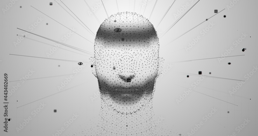 Human head model spinning against flickering light trails on white ...