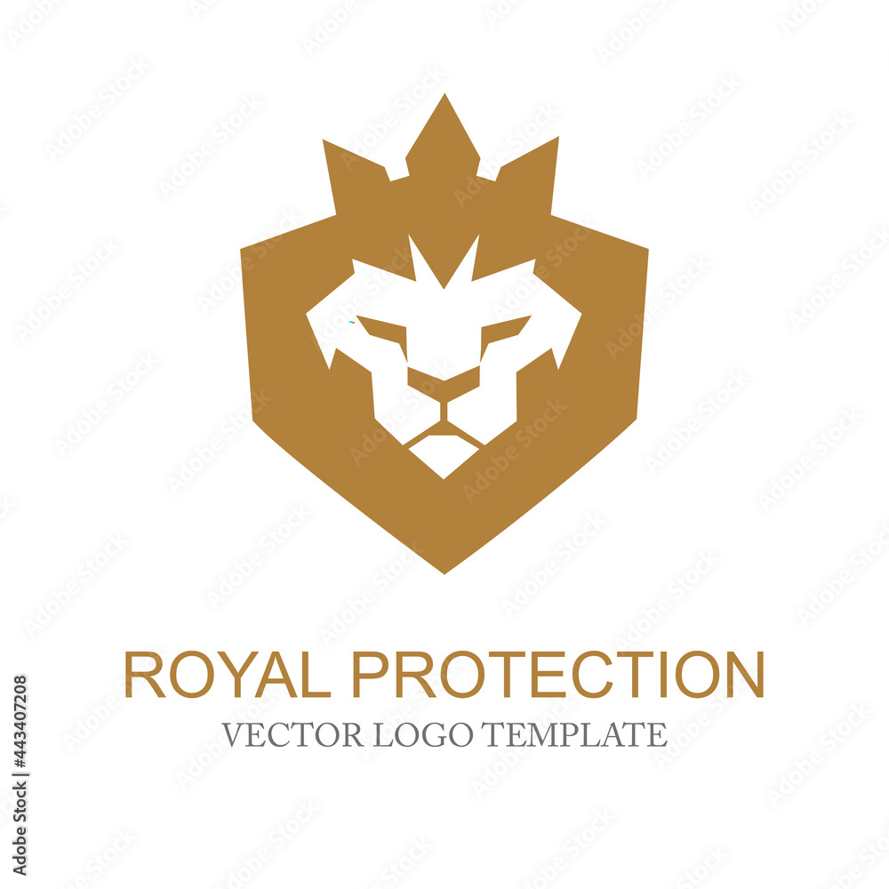 Golden Lion head shield shape with crown icon logotype, emblem template ...