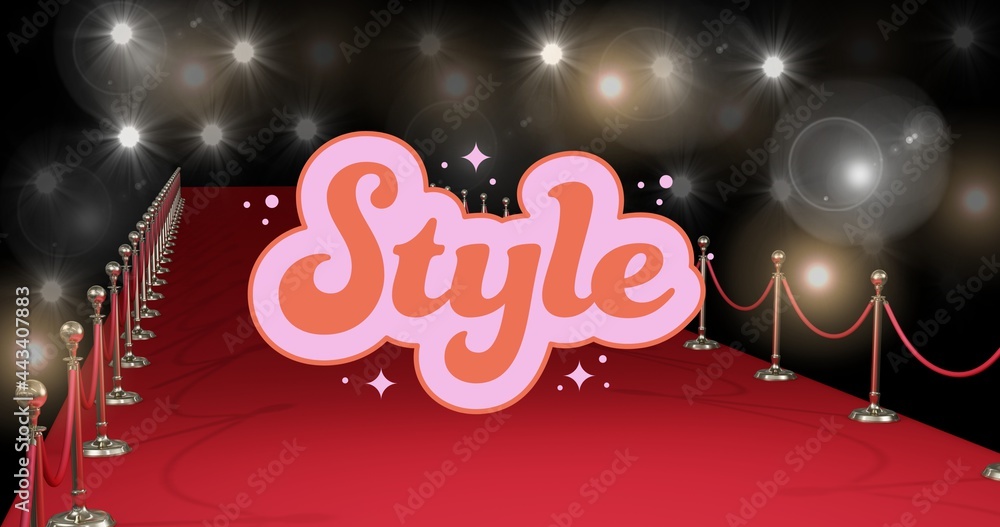 Composition of style text on red carpet at fashion show, on black ...