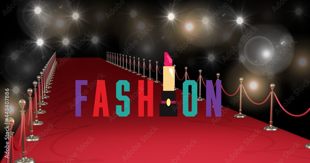 Composition of fashion text on red carpet at fashion show, on black ...