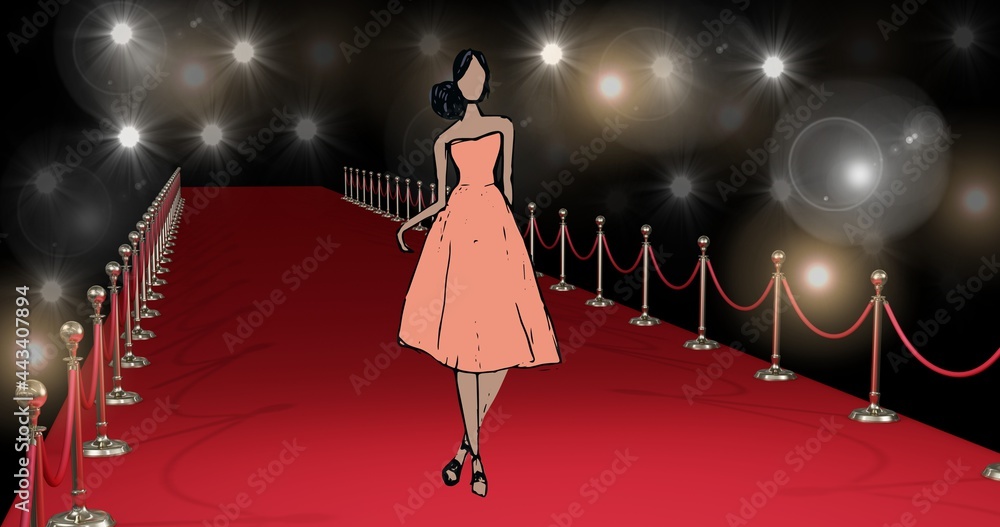 Composition of fashion drawing of model on red carpet at fashion show ...