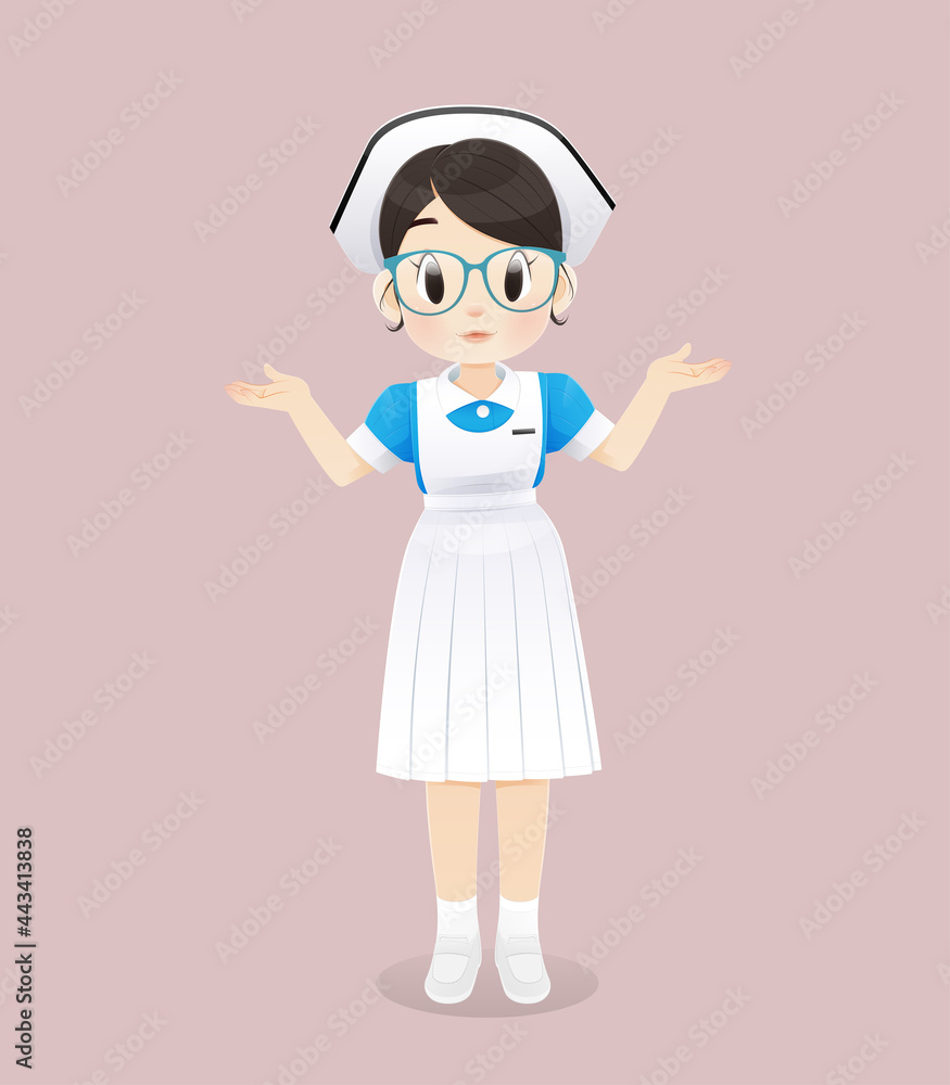 Nursing student wearing a blue and white uniform stands on a pink ...