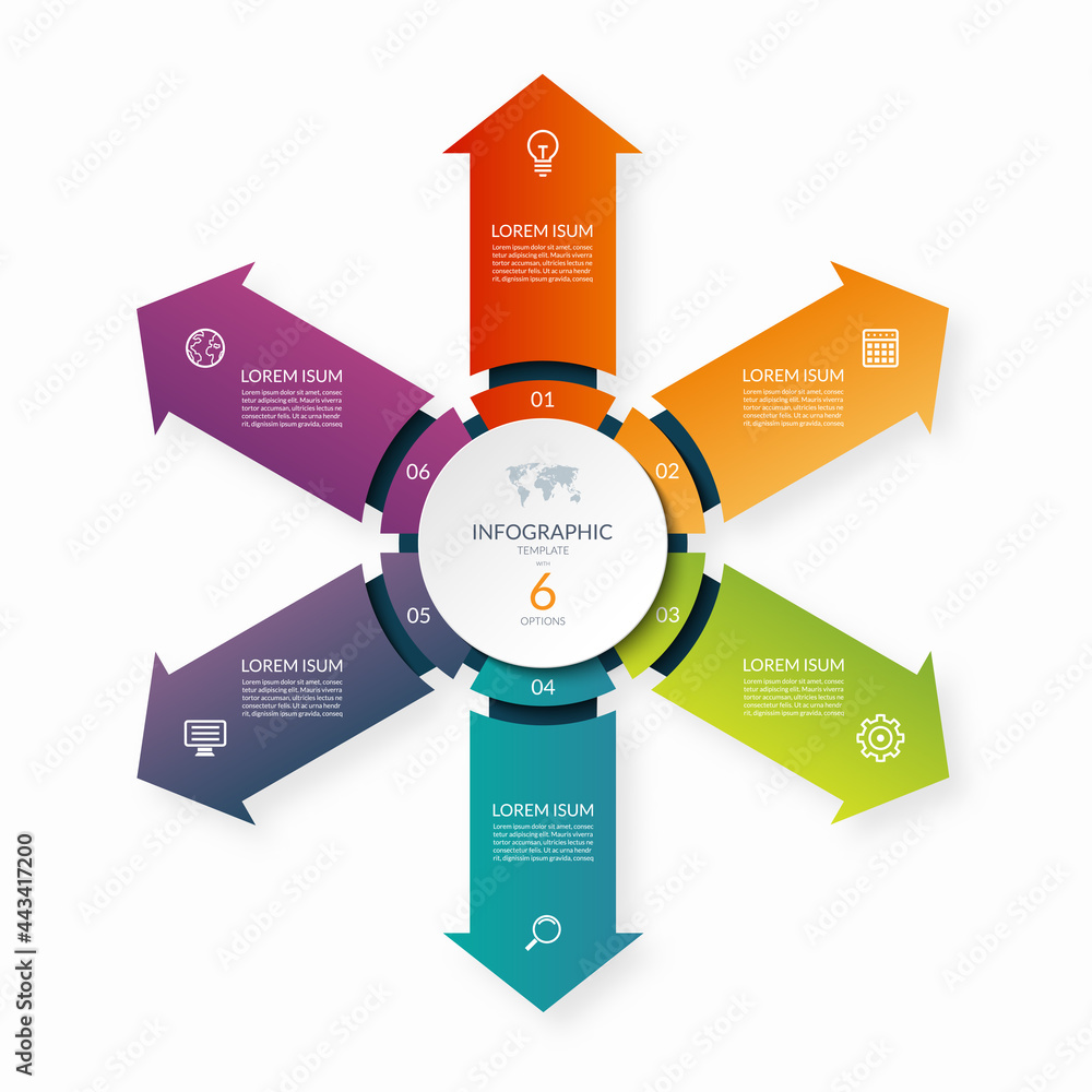 Modern business infographic circle with 6 arrows pointing from the ...