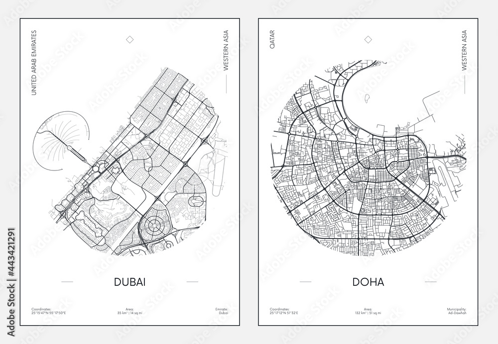 Travel poster, urban street plan city map Dubai and Doha, vector ...